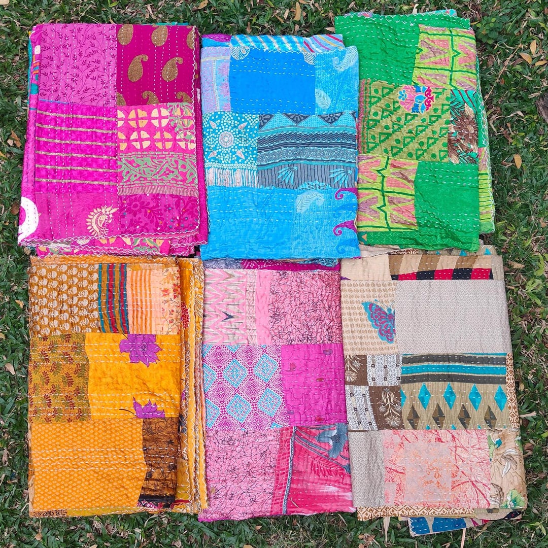 Patchwork Kantha Quilt – Bohemian Silk Throw | Hand Stitched Vintage ...