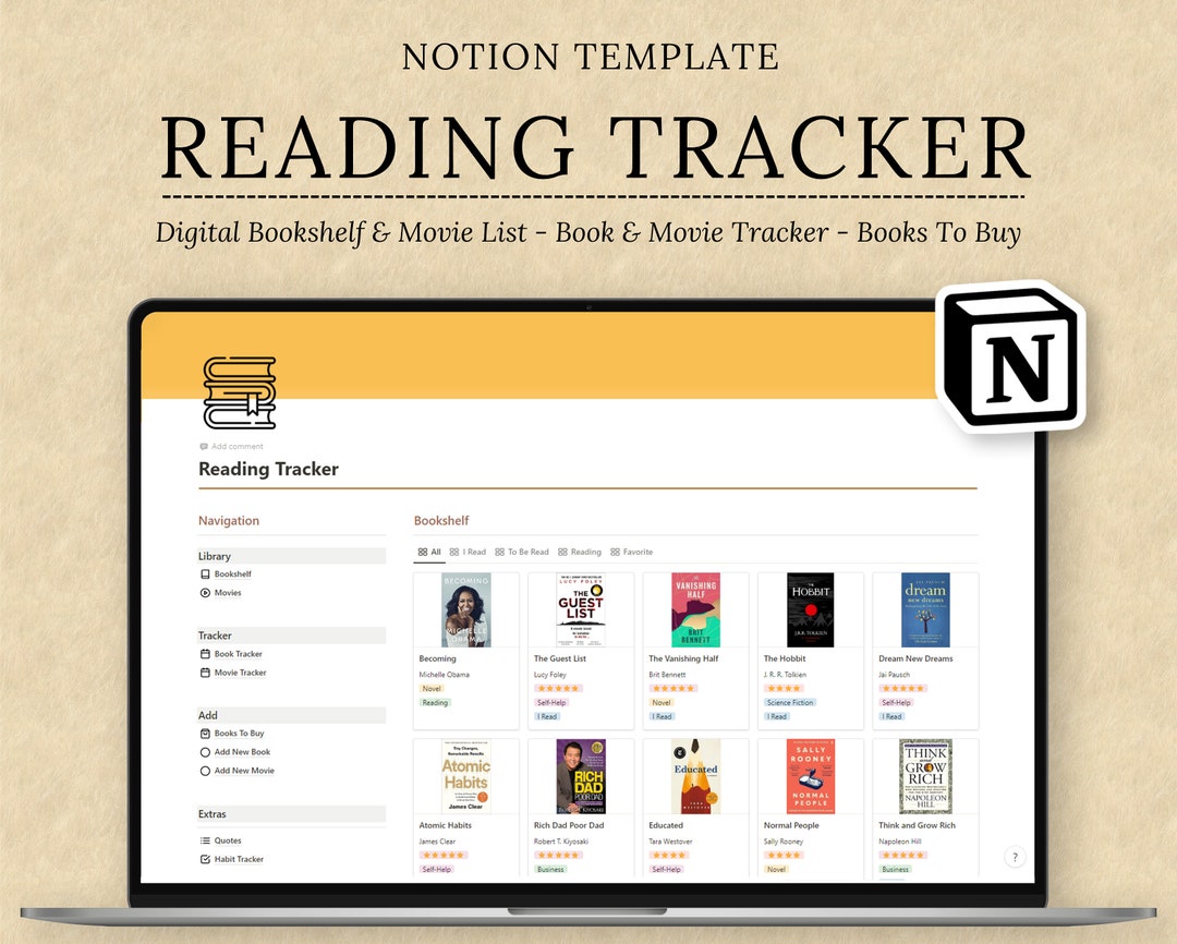 Notion Reading Tracker Template, Notion Book and Movie Planner, Notion Reading Journal, Notion ...