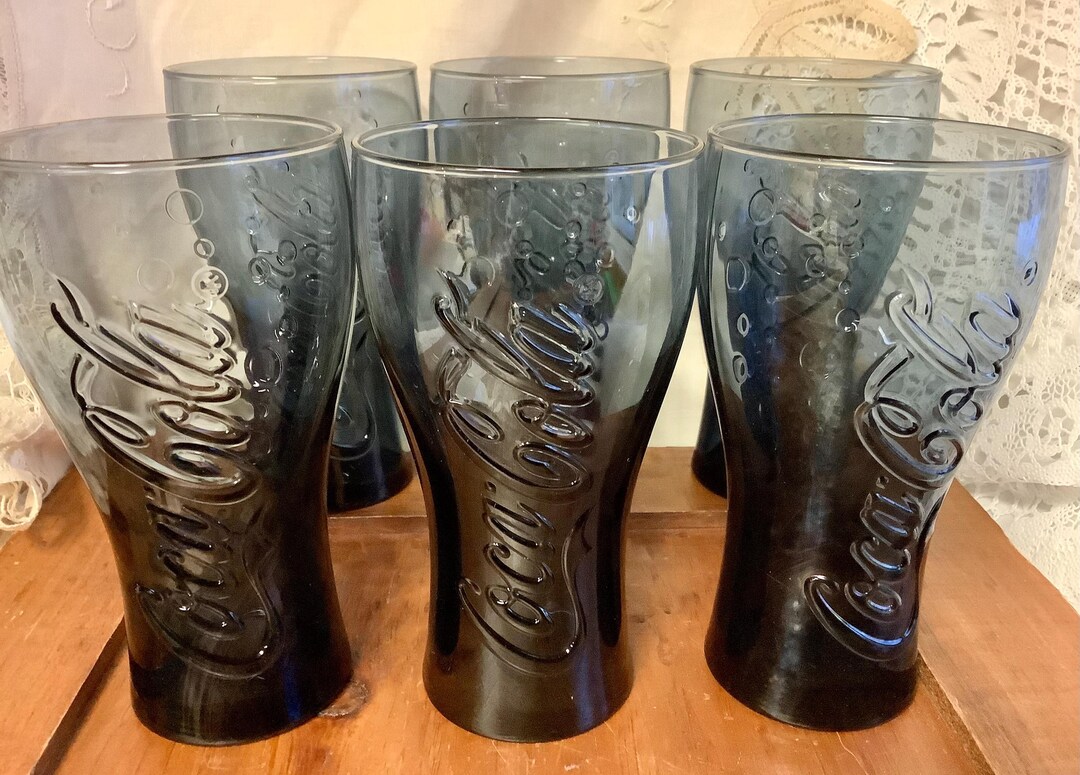 Set of 6 Embossed Coca Cola Drink Glasses Smokey Blue Grey With Bubbles ...