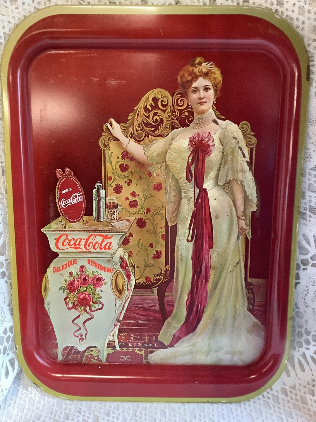 Coca Cola 1903 Lillian Norton Lady Red With Gold Rim Metal Serving Tray ...