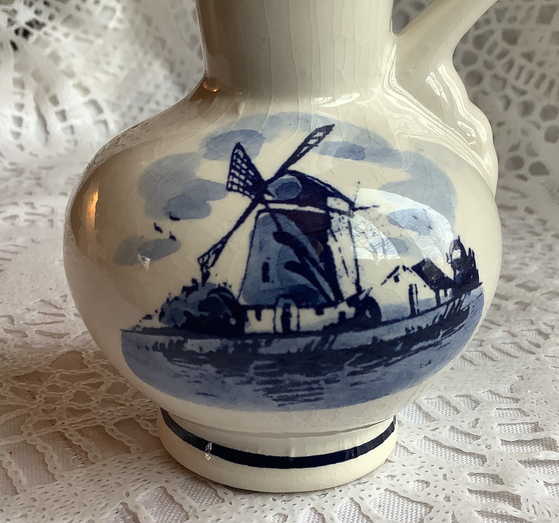 Delfts Mini Porcelain Hand Painted Pitcher Bud Vase Windmill Scene ...
