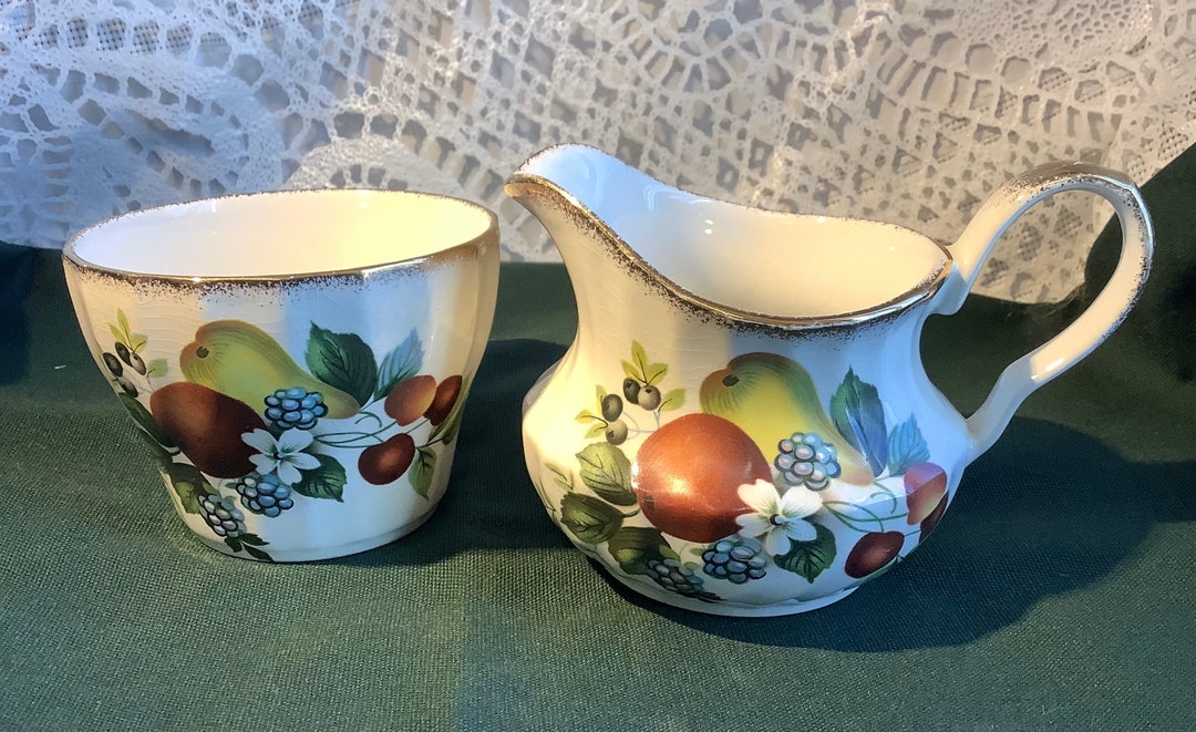 H. Aynsley Fruit Pattern English Ironstone Gold Rimmed Cream and Sugar ...