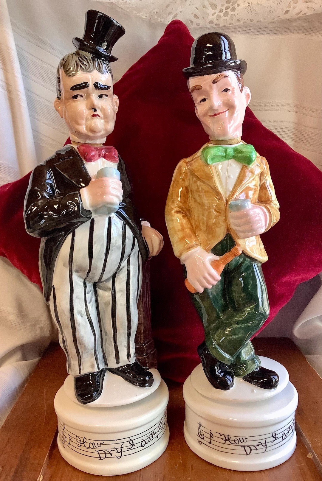 Laurel and Hardy Character Ceramic Musical Decanters Barware Decor Very Rare “how Dry I Am” Wind ...