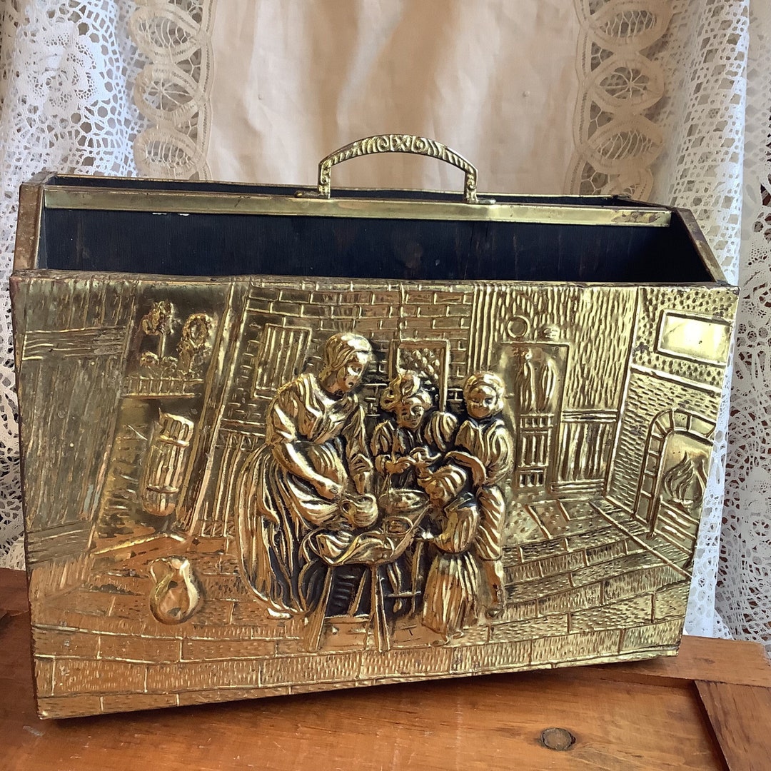 Embossed Brass and Wood Magazine Rack Newspaper Container Family Around ...
