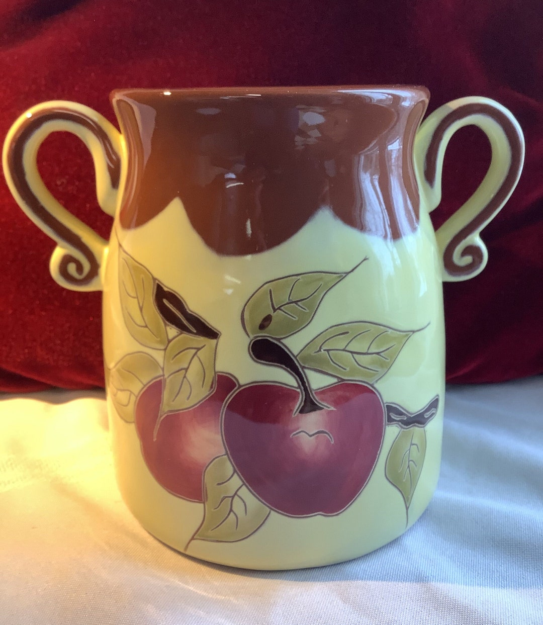 Russ Berrie and Co. Utensil Holder Crock Stoneware Jar Rustic Apples ...