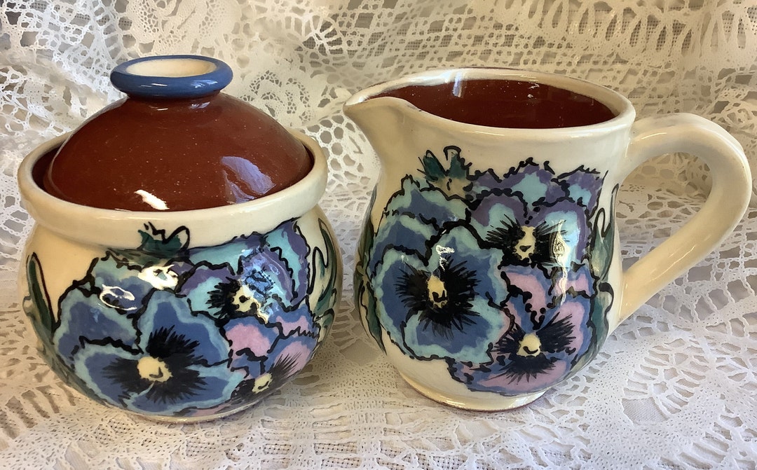 Fraser Valley Pottery Pansies Creamer and Sugar Bowl Signed Pat ...