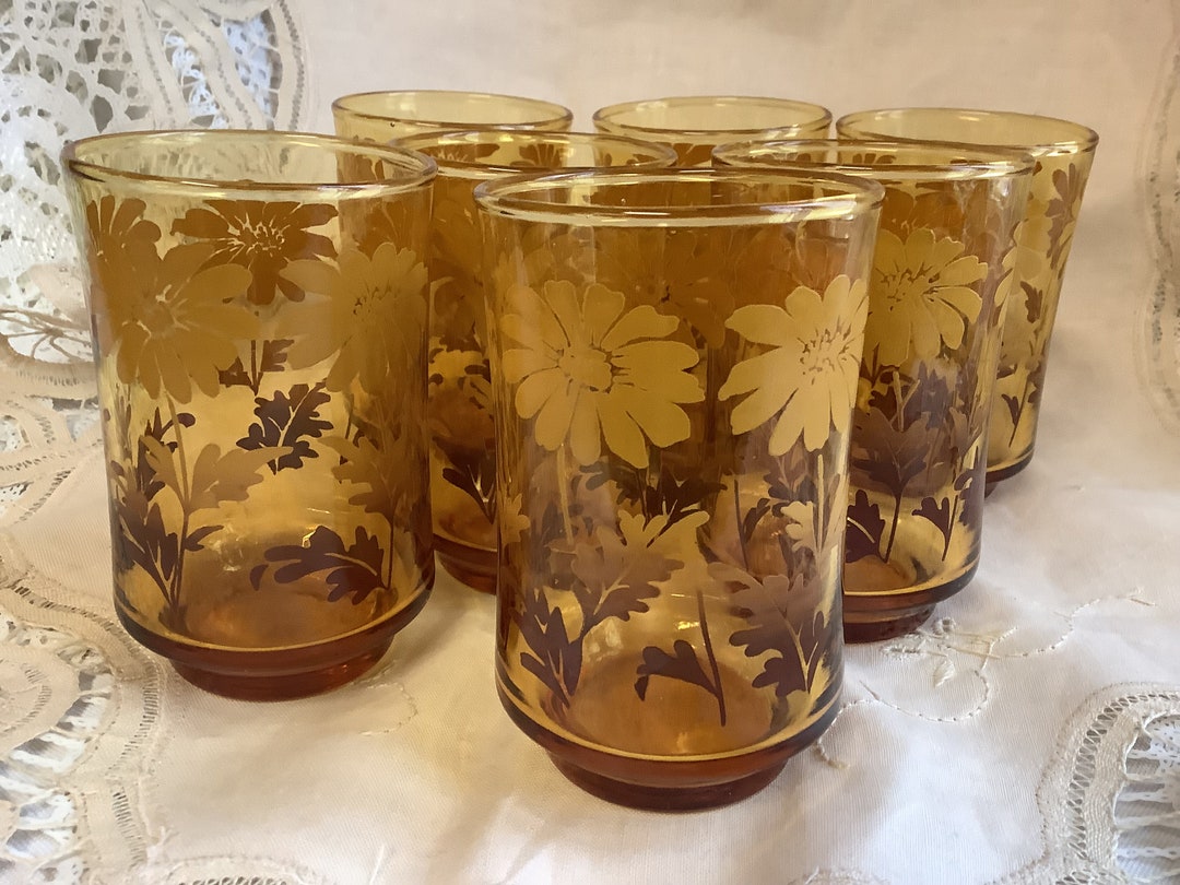 Set of 6 (plus One) Libby Sunflower Amber Juice Water Glasses Retro ...