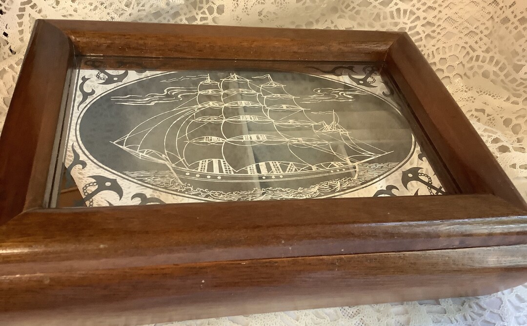 Wooden Powell Jewellery Box With Glass Mirrored Inlay Clipper Sailing ...