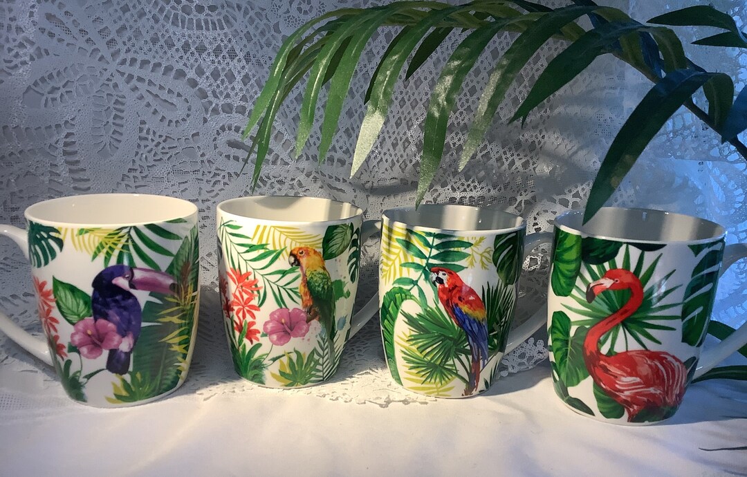 Set of 4 Tropical Bird Summer Coffee Tea Mugs Double Sided Birds Palm ...