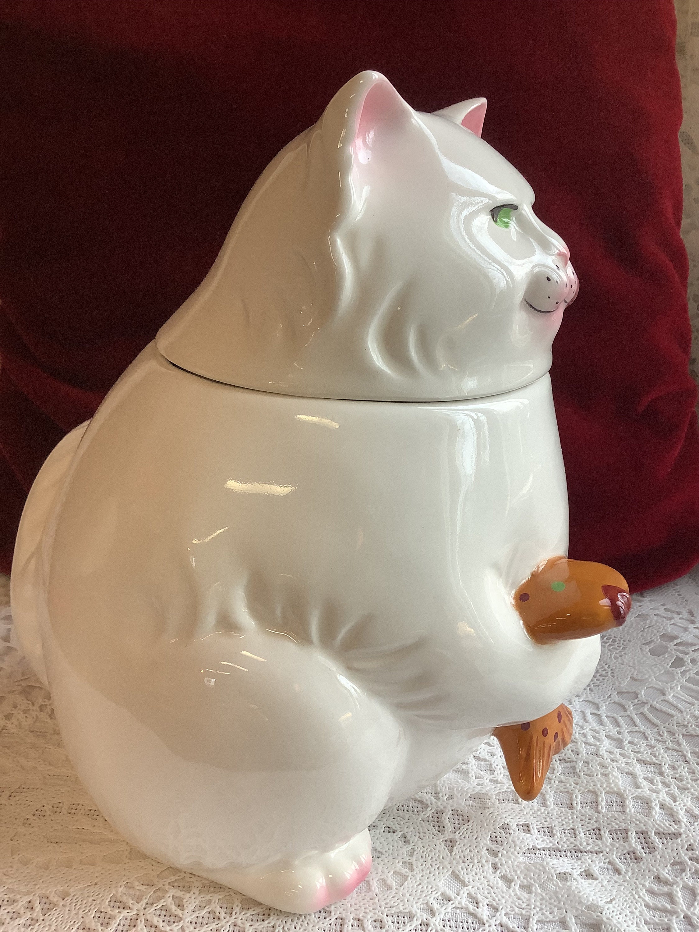 Clay Art Catfish Series Sneaky White Cat With Fish Ceramic Cookie Jar ...