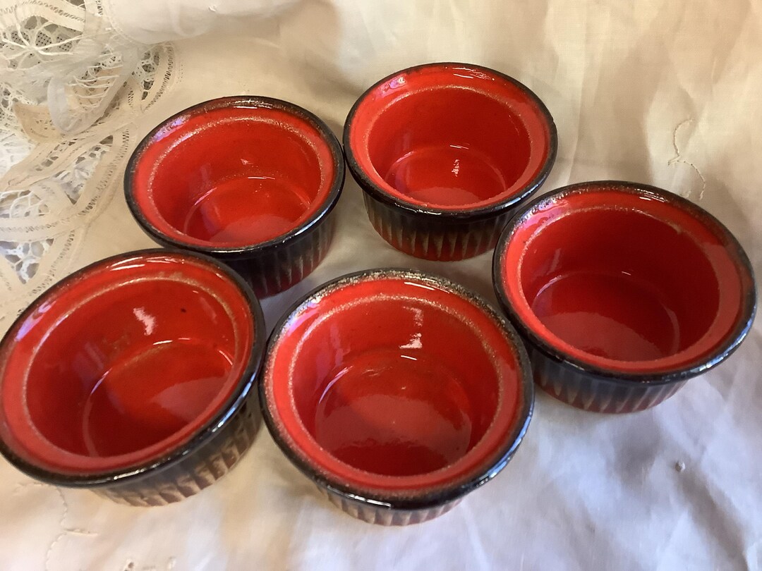 Set of 5 Stoneware Ovenproof Red and Black Glazed Ramekins Small ...