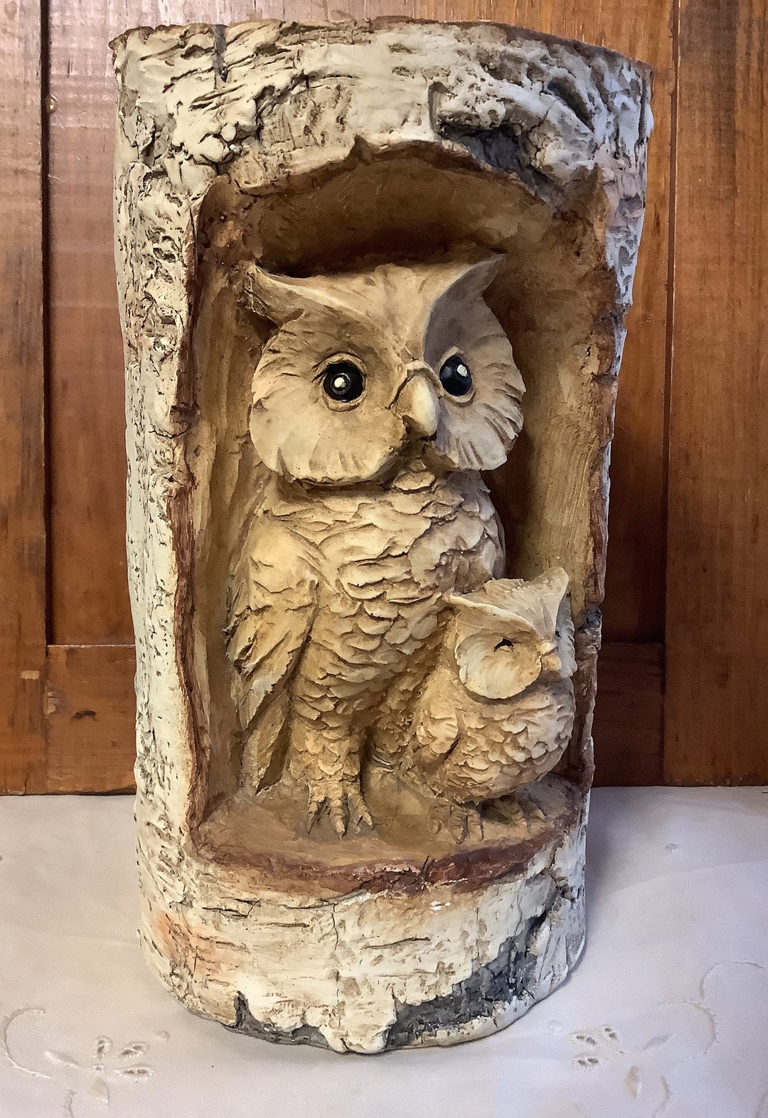 Carved Wood Look Resin Owls Owl and Chick in Birch Bark Covered Log ...