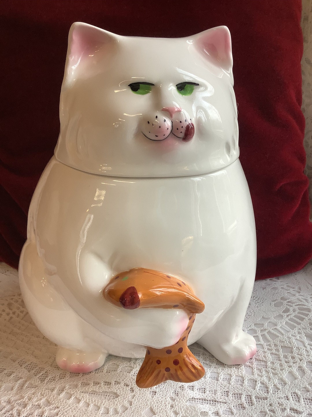 Clay Art Catfish Series Sneaky White Cat With Fish Ceramic Cookie Jar ...