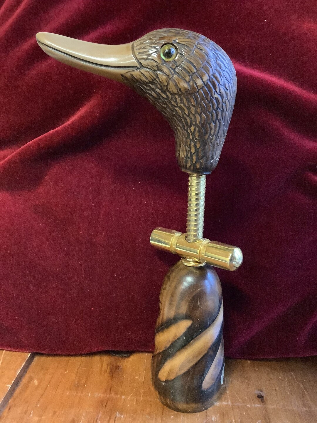 Hand Carved Wooden an Resin Duck Head Gold Coloured Metal Corkscrew ...