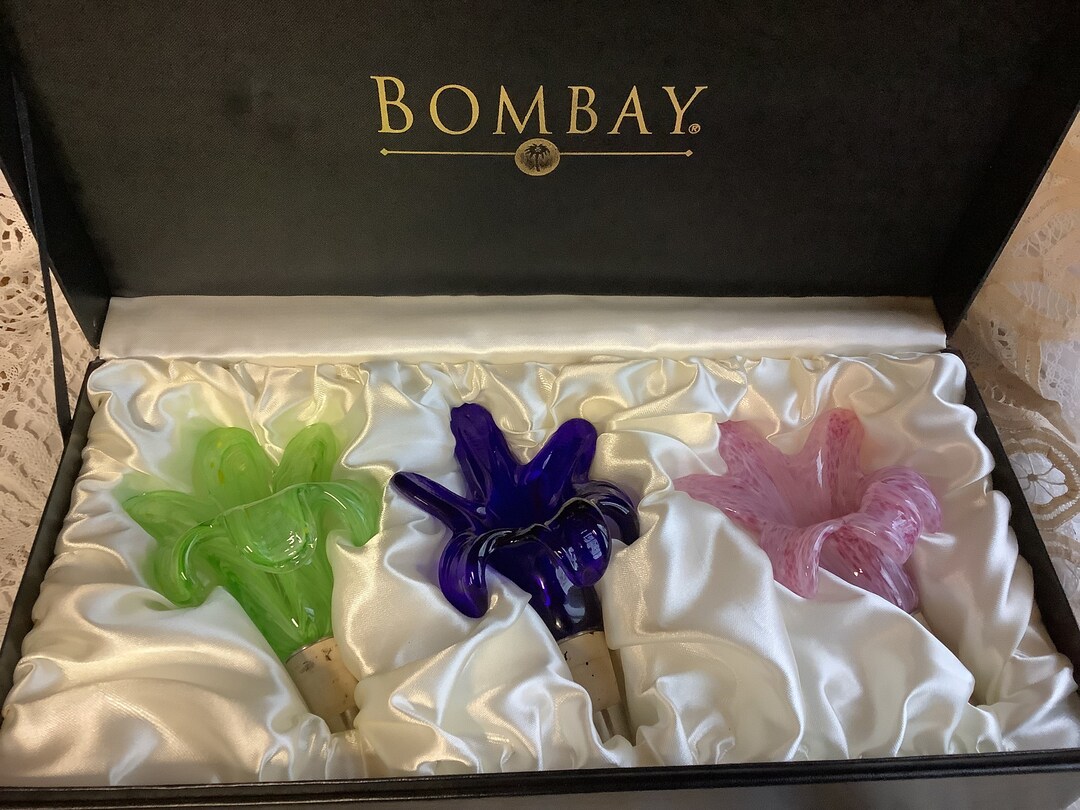 The Bombay Company Set of 3 Blown Glass Flowers Cork Wine Bottle ...