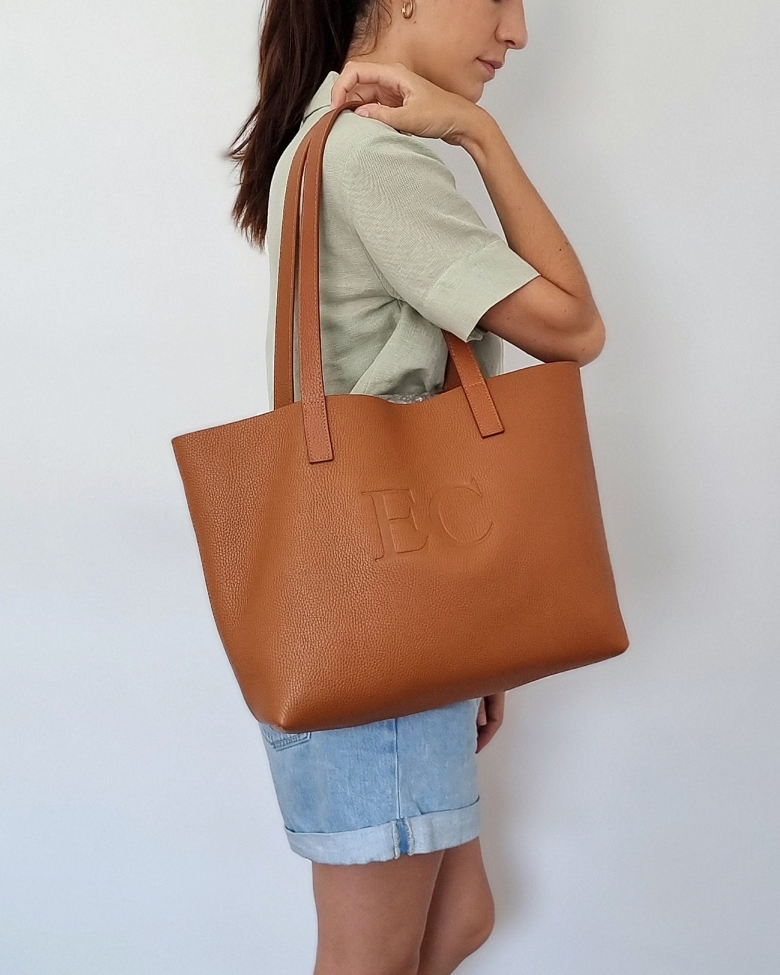 Monogram Leather Bag With Initial, Personalized Leather Tote for Women ...