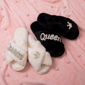 Queen Slippers With Crown, Queen Fluffy Slippers With Pearls, Gift for ...