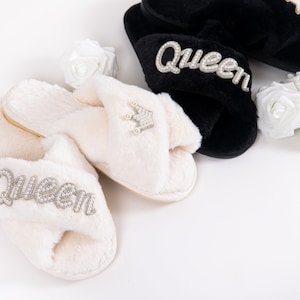 Queen Slippers With Crown, Queen Fluffy Slippers With Pearls, Gift for ...