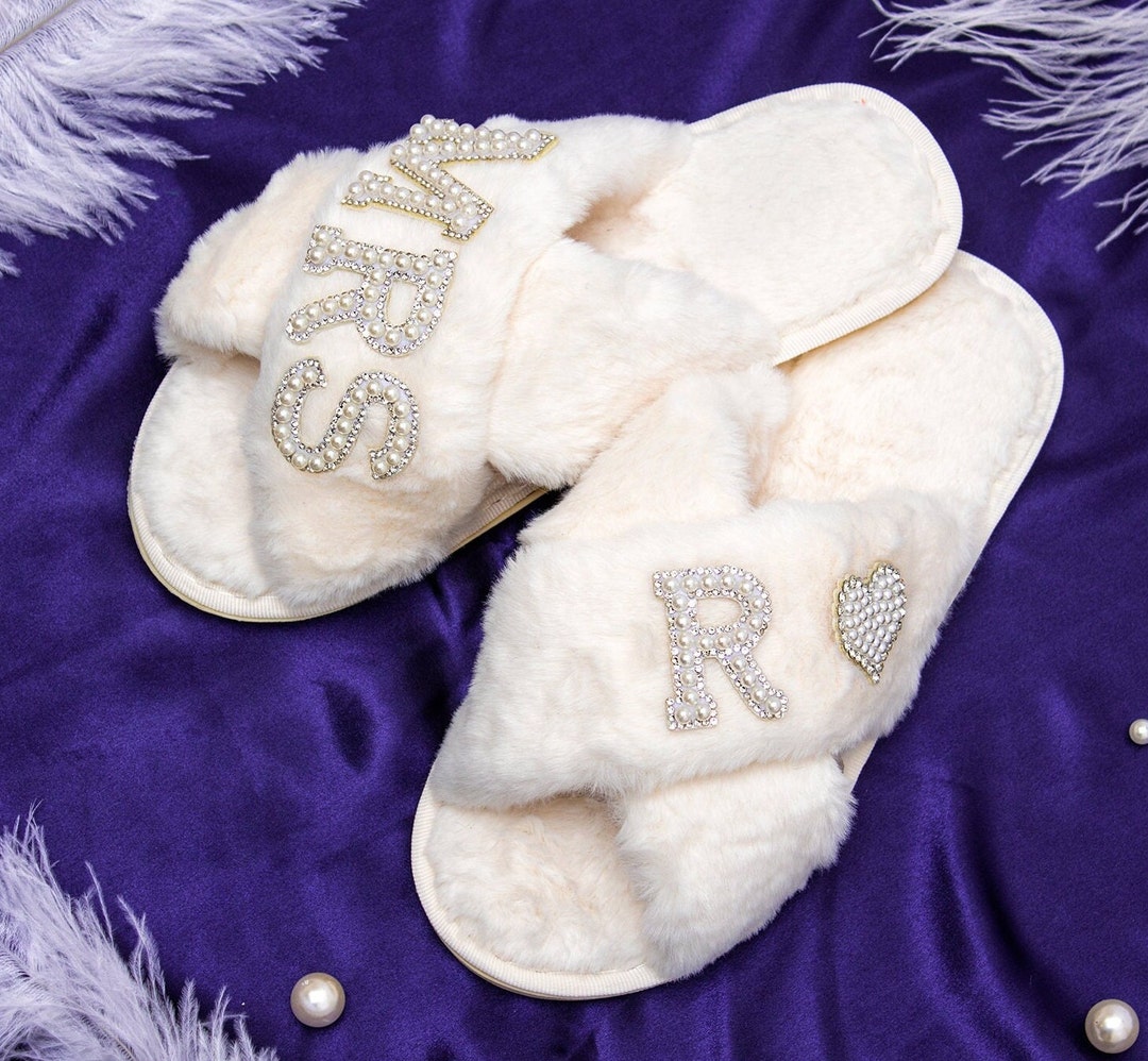 Fluffy Slippers With Rose Gold Pearl Patch Bride Fluffy - Etsy