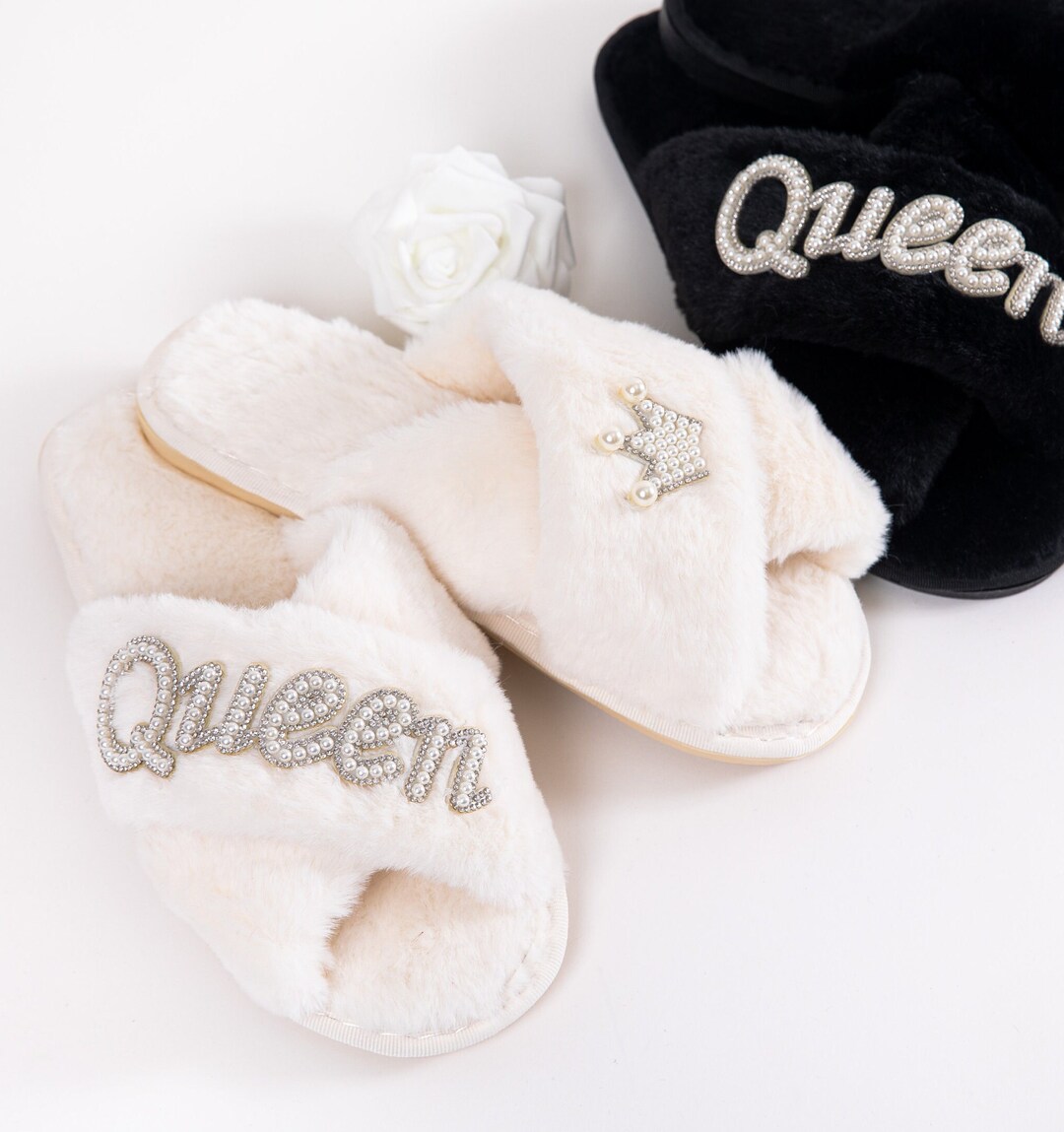 Custom Queen With Crown Fluffy Cross Slippers, Queen Slippers, Queen ...