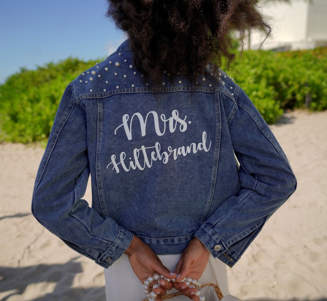 Just Married Denim Jacket With Pearls, Customized Pearls Jacket, Bridal ...