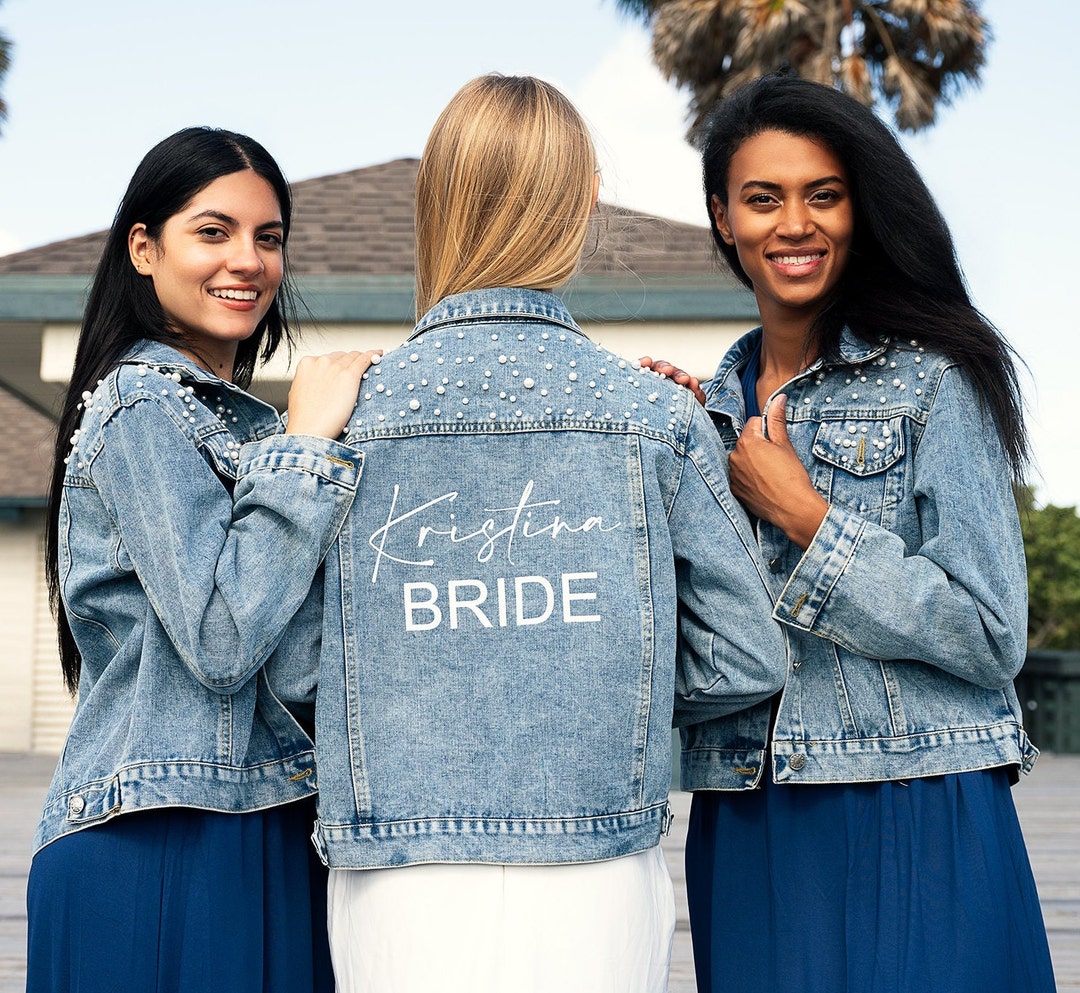 Bridal Custom Denim Jacket With Pearls, Bridesmaid Jean Jackets, Mrs ...