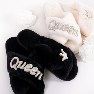 Queen Slippers With Crown, Queen Fluffy Slippers With Pearls, Gift for ...