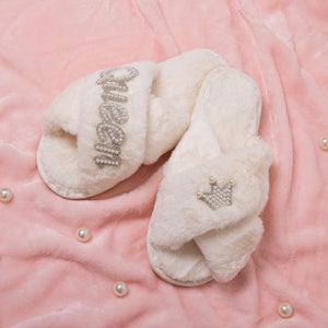 Queen Slippers With Crown, Queen Fluffy Slippers With Pearls, Gift for ...