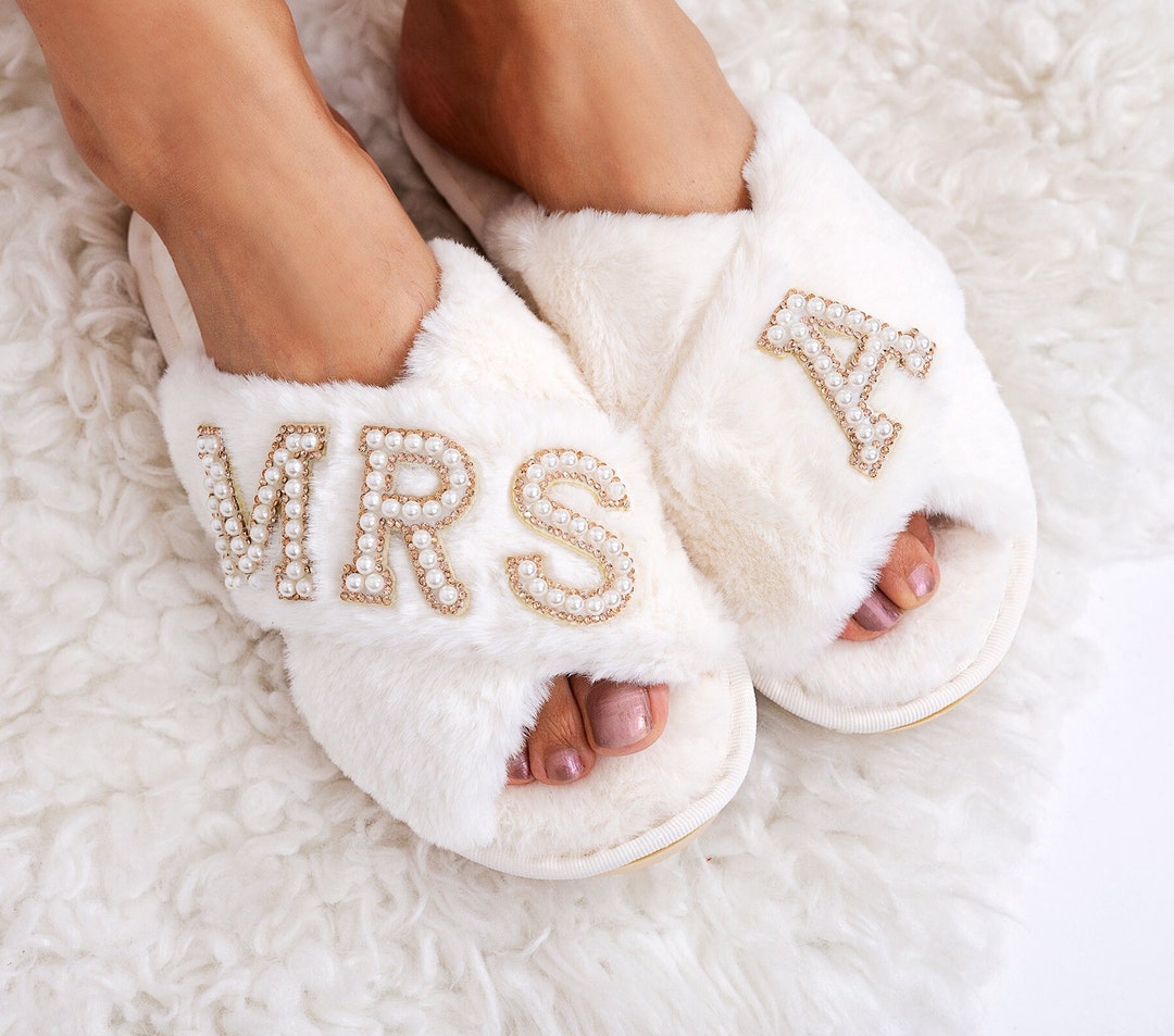 Fluffy Slippers With Rose Gold Pearl Patch, Bride Fluffy Slippers ...