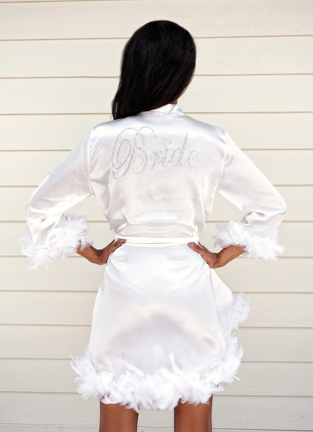Bride White Robe With Feathers, Rhinestone Bridal Robe, Getting Ready ...