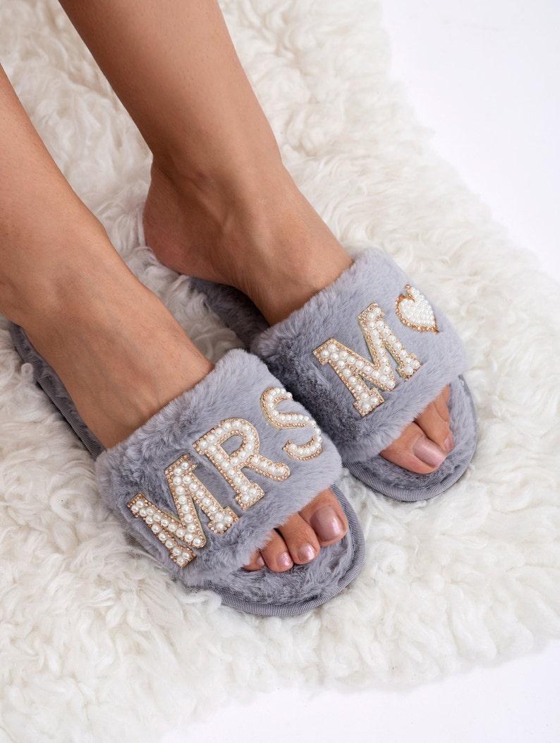 Bride Mrs Custom Fluffy Slippers Custom Slippers Fluffy - Etsy