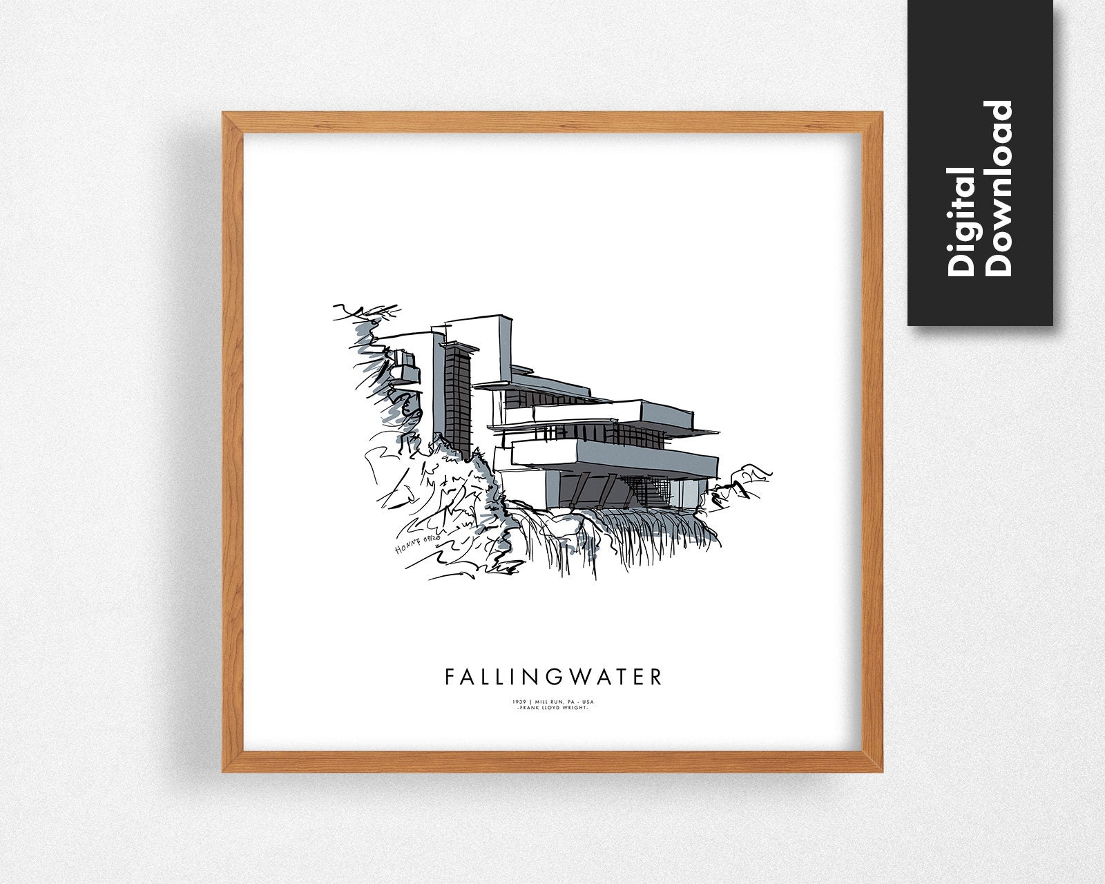 Fallingwater Architectural Sketch Print Ready Poster Modern Wallart ...