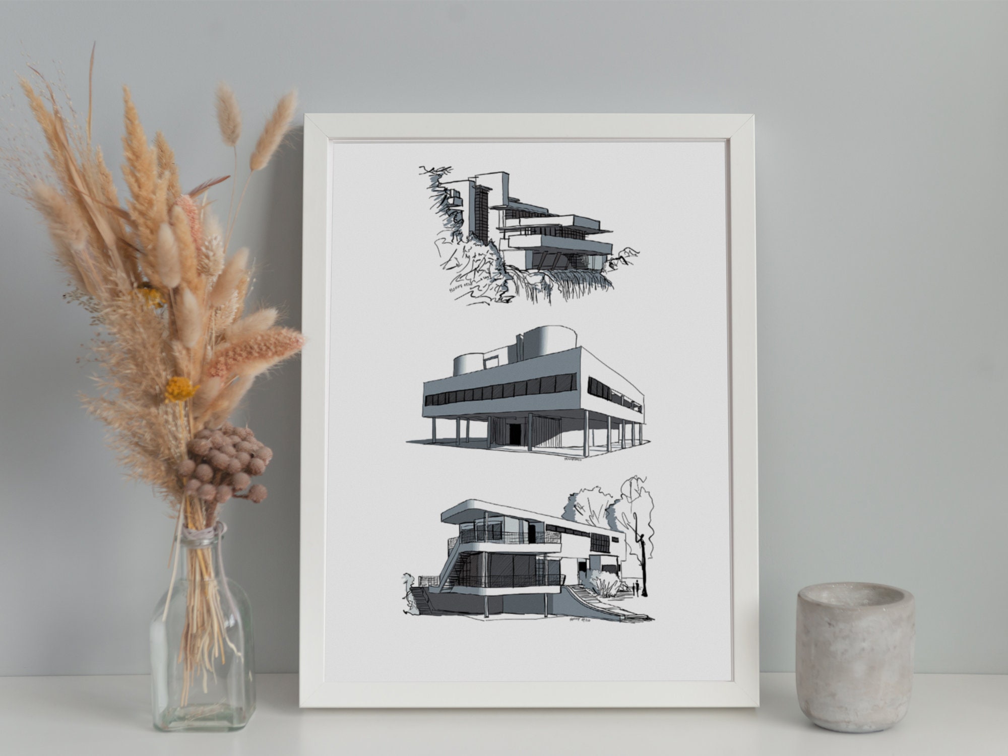 Villas of the Modern Era Architecture Sketches Poster Drawing ...