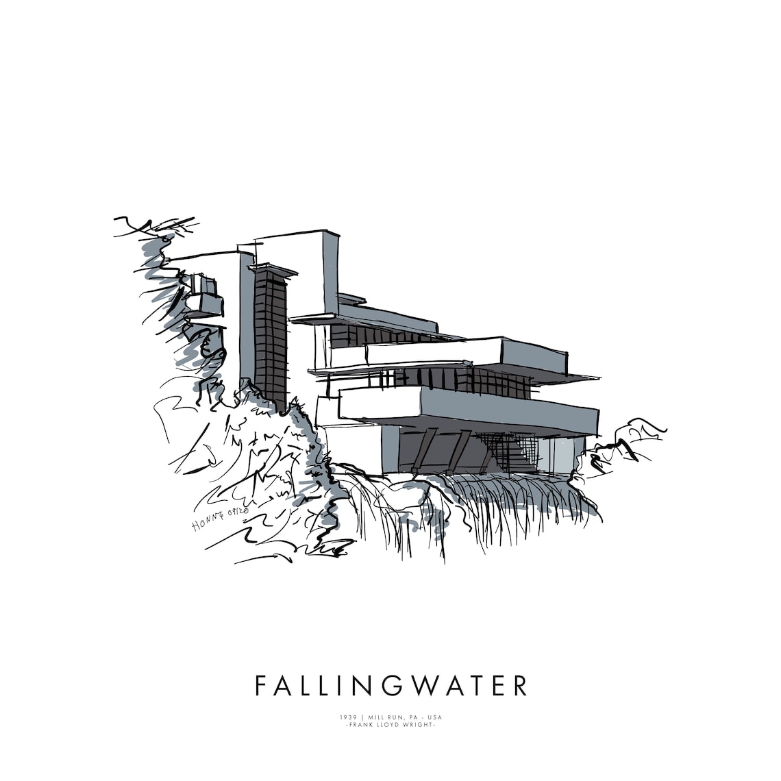 Fallingwater Architectural Sketch Printed Poster Modern Wallart Frank ...