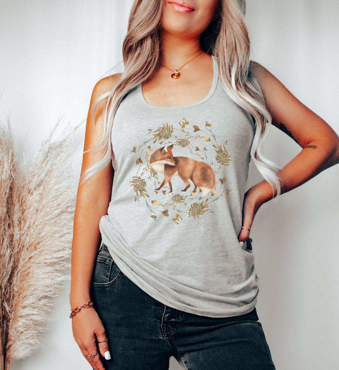 Fox Tank Top, Vintage Floral Tank, Cute Fox Tank Top, Cottagecore Tank ...