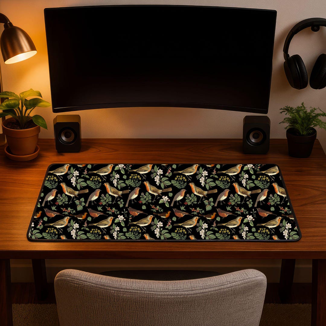 Birds Desk Mat, Red Breasted Robin Mouse Pad, Bird Deskmat, Large ...