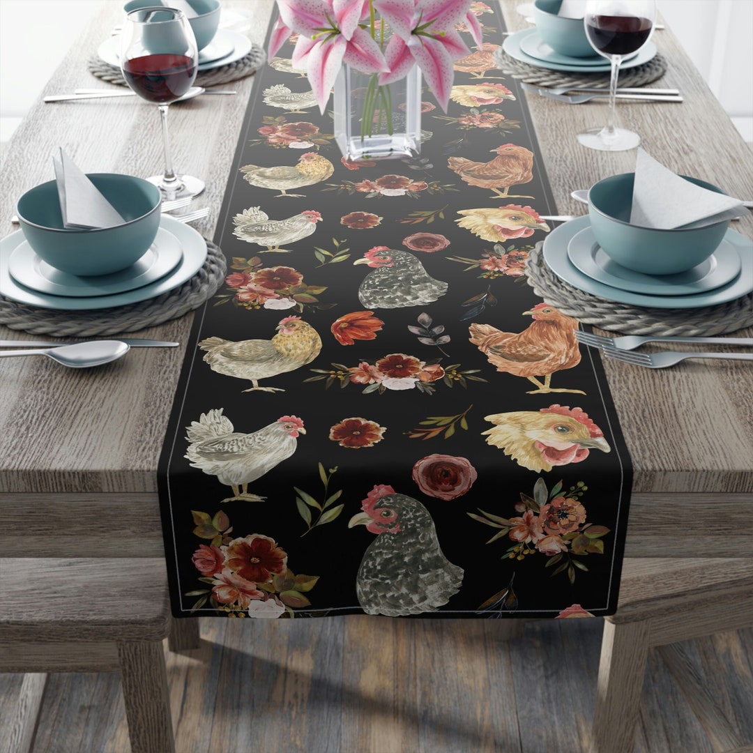 Chicken Table Runner, Farmhouse Table Cloth, Chicken Kitchen, Floral ...