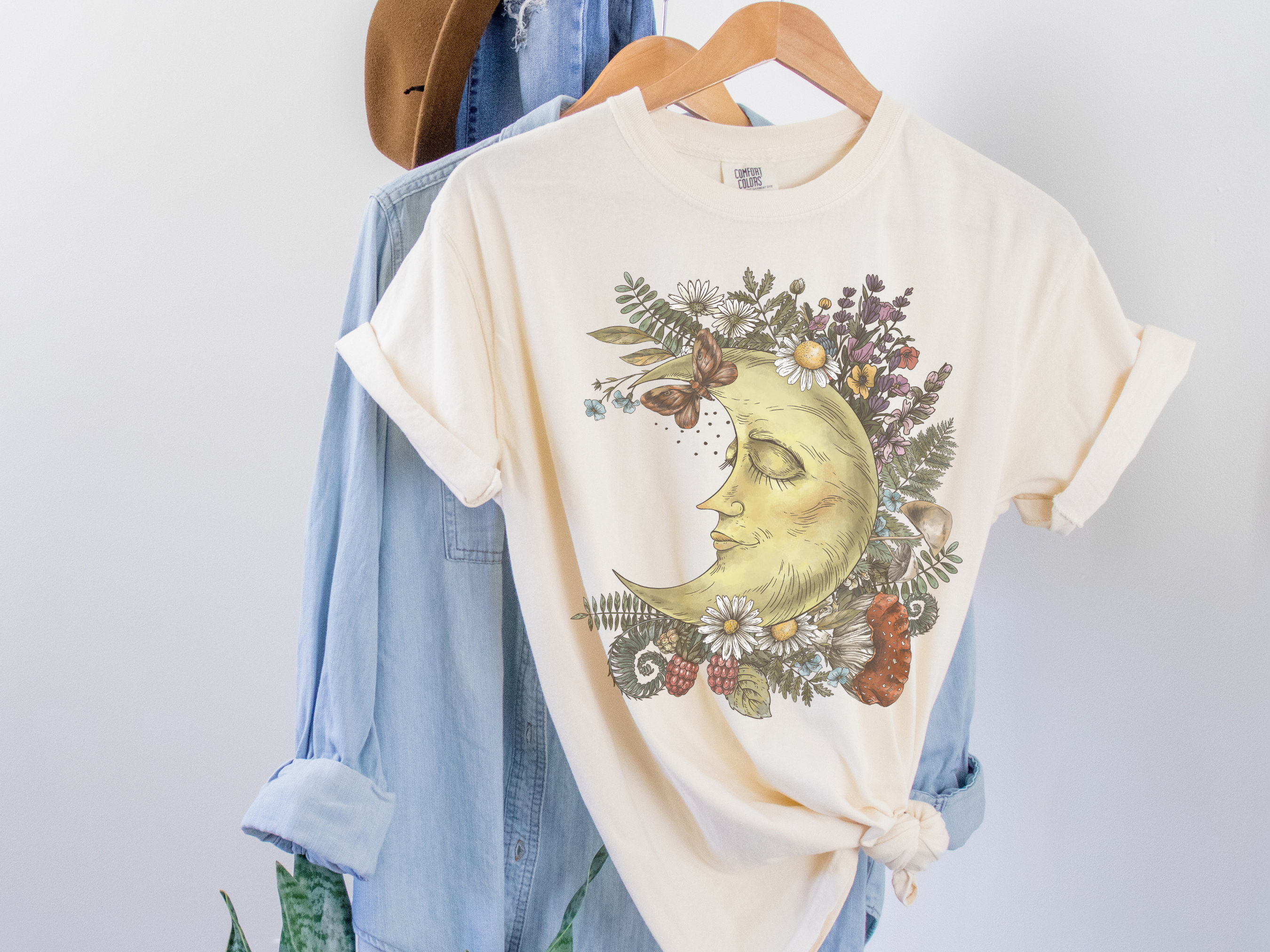 Celestial Shirt, Floral Moon, Moon T Shirt, Garment Dyed, Oversized ...