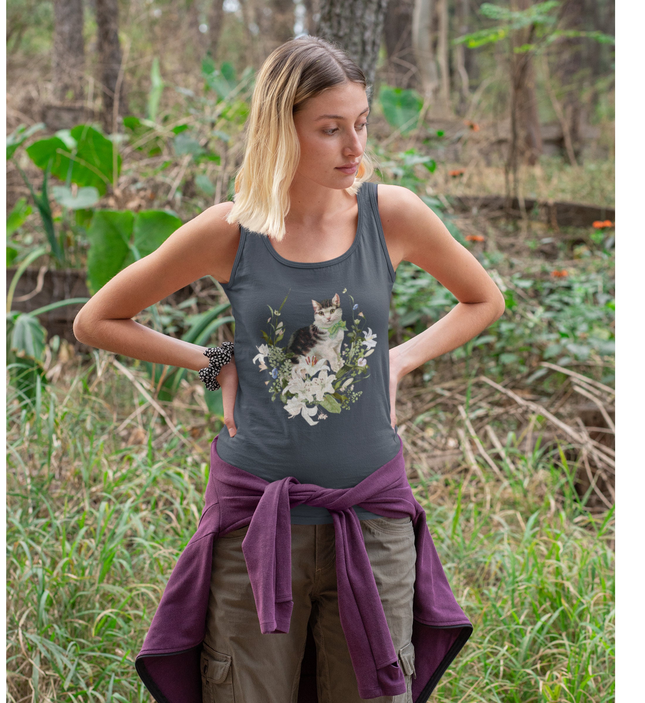 Cat Tank Top, Floral Cat Shirt, Floral Tshirt, Floral Tank Top, Vintage ...