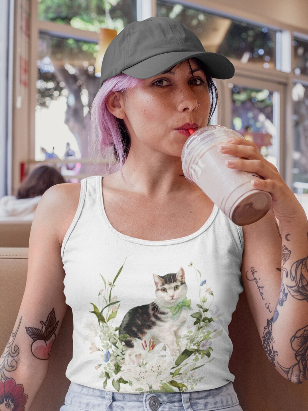 Cat Tank Top, Floral Cat Shirt, Floral Tshirt, Floral Tank Top, Vintage ...