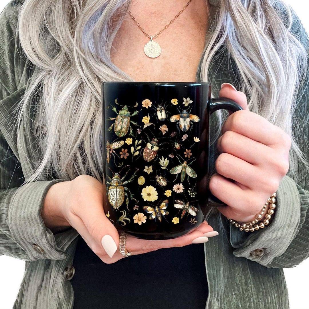 Floral Insect Mug, Black Coffee Cup, Hot Cocoa Mug, Insect Lover Gift ...