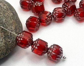 20 Red Oval Czech Glass Beads, Ruby Red Faceted Beads, Golden Luster ...