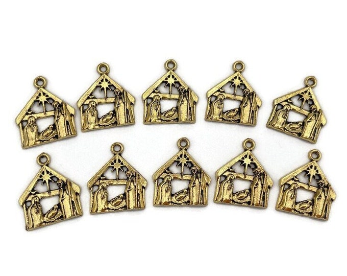 10 Gold Nativity Charms Manger Charms Christmas Star of Bethlehem Baby ...