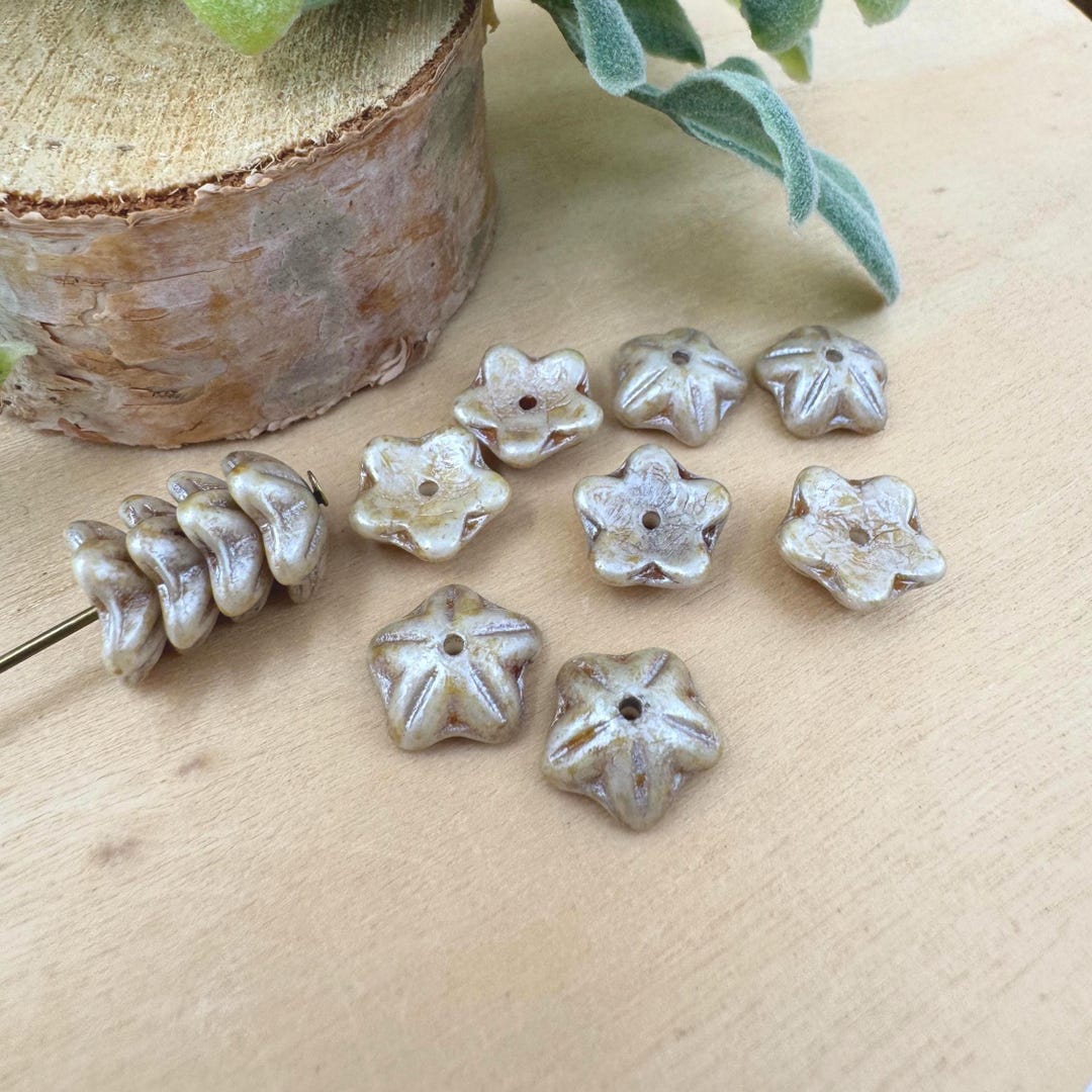 12 Flower Cup Beads, Floral Czech Glass Bead Caps, 10mm Beige Cream ...