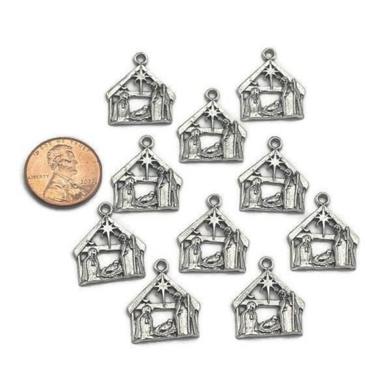 10 Nativity Charms, Bulk, Manger Scene, Pendants, Antique Silver ...
