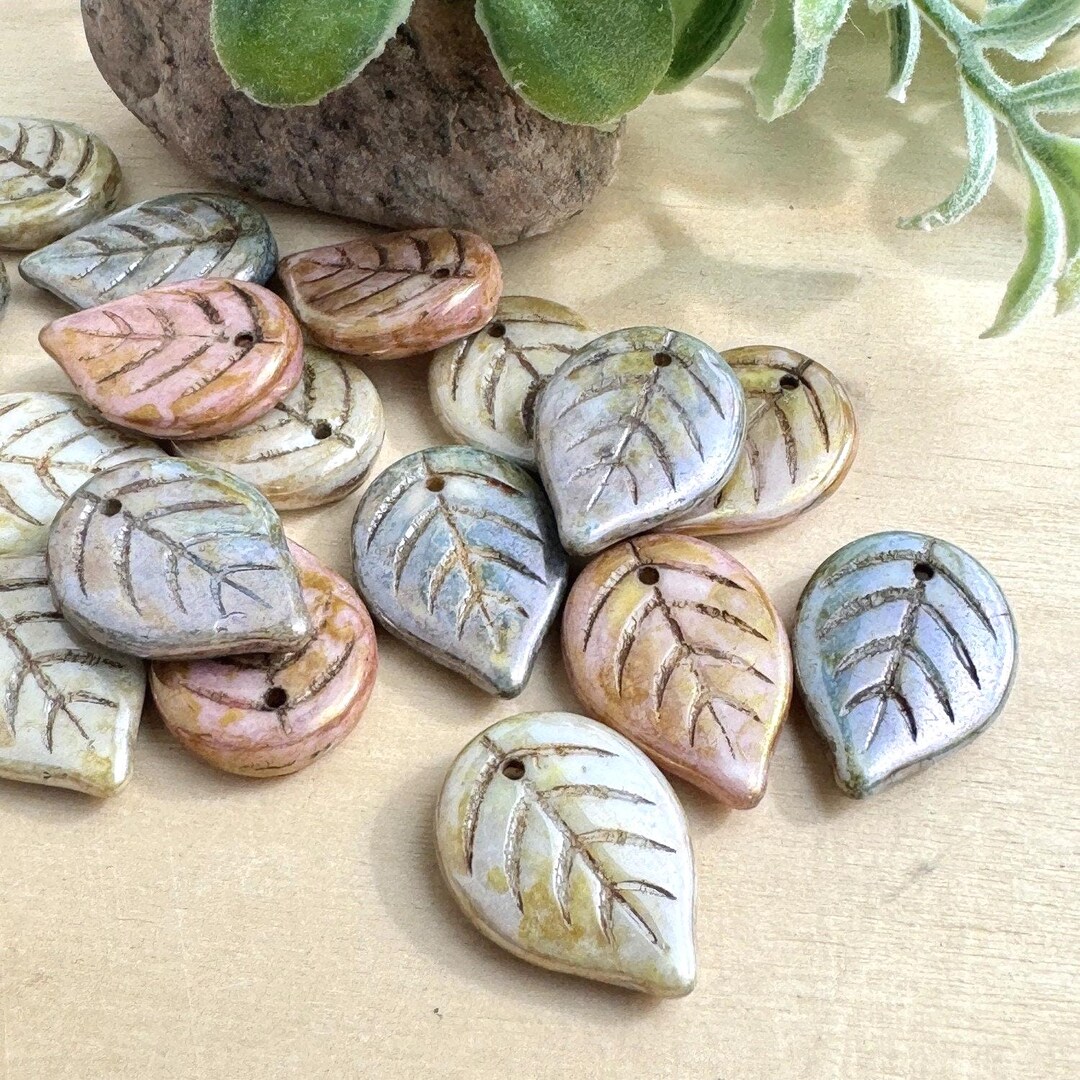 12 Rustic Leaf Beads, Large 18x13mm Czech Glass Apple Leaves, Mixed ...