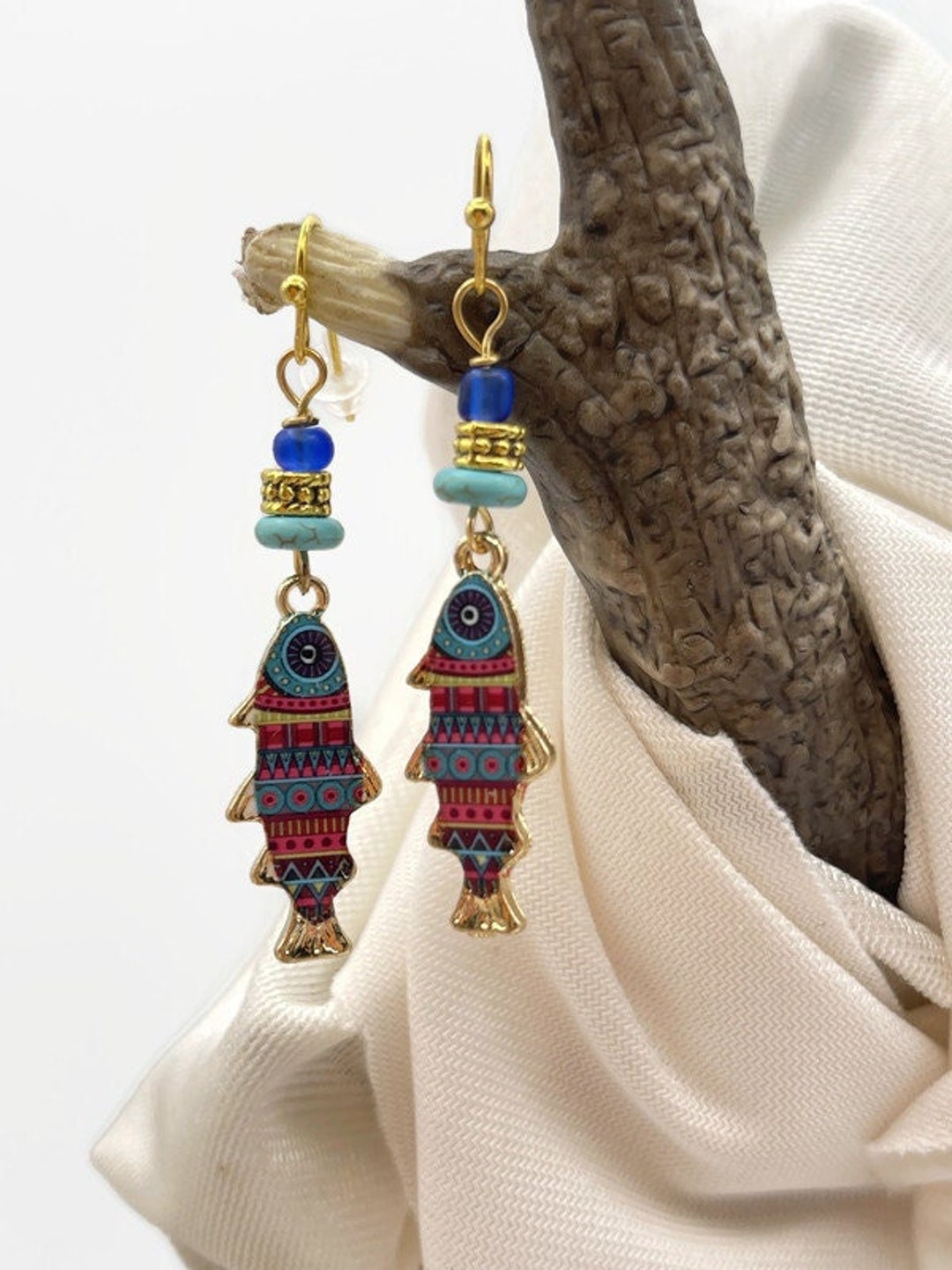 Fish Earrings Red and Blue Beaded Fish Dangle Drop Earrings Boho Chic ...