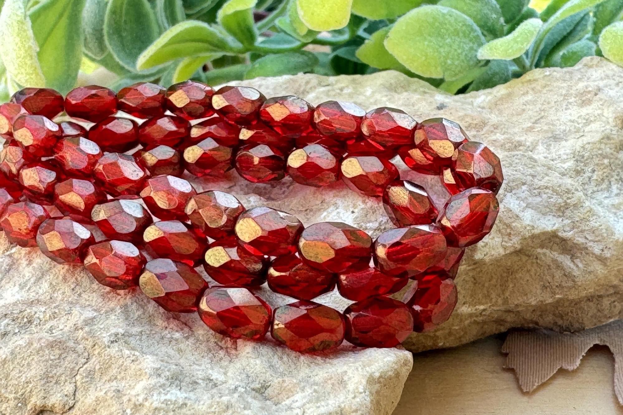 20 Red Oval Czech Glass Beads, Ruby Red Faceted Beads, Golden Luster ...