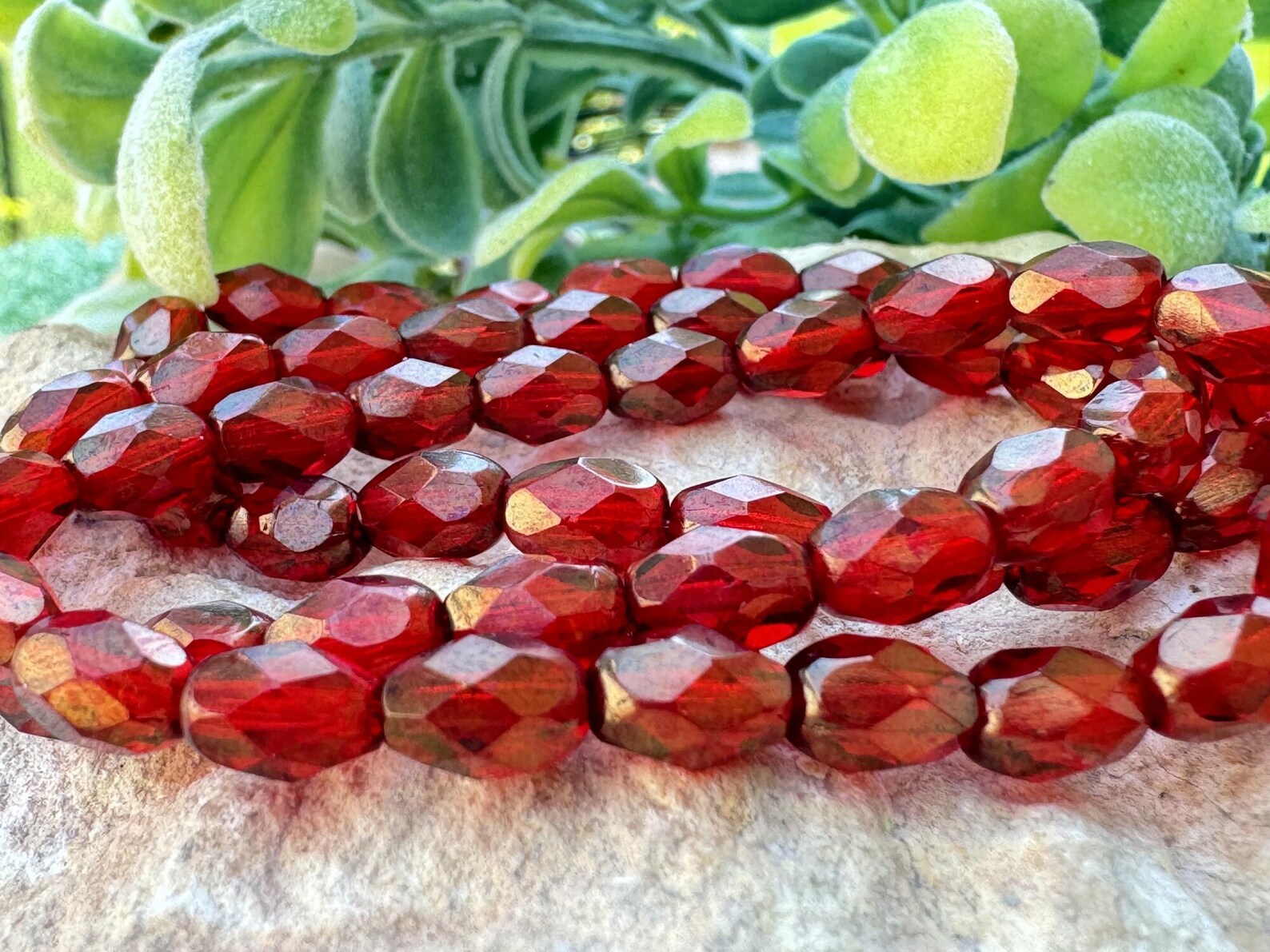20 Red Oval Czech Glass Beads, Ruby Red Faceted Beads, Golden Luster ...