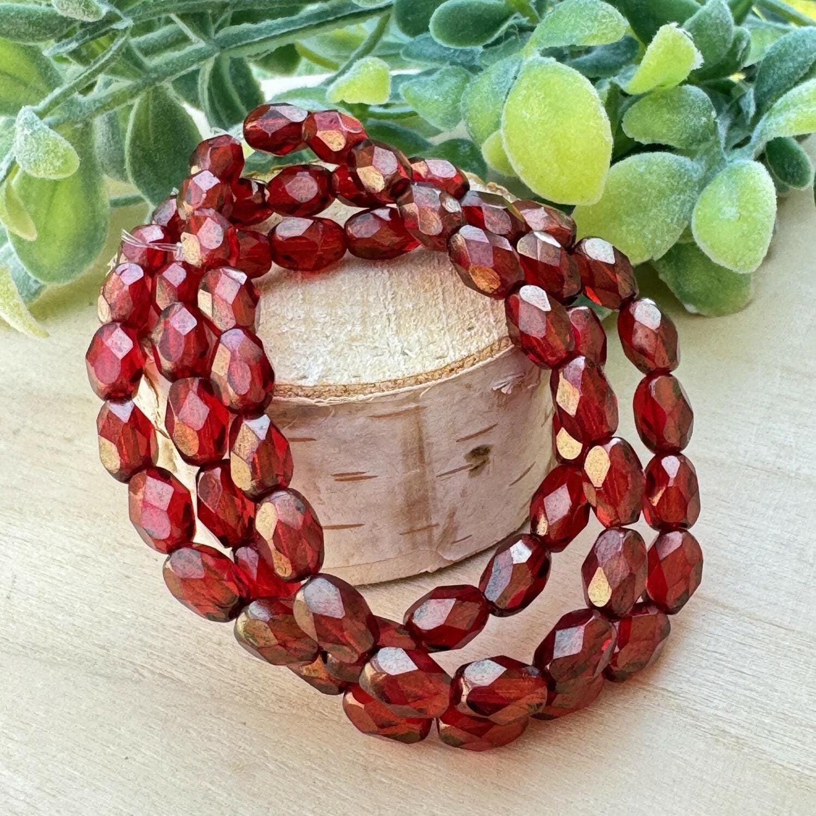 20 Red Oval Czech Glass Beads, Ruby Red Faceted Beads, Golden Luster ...